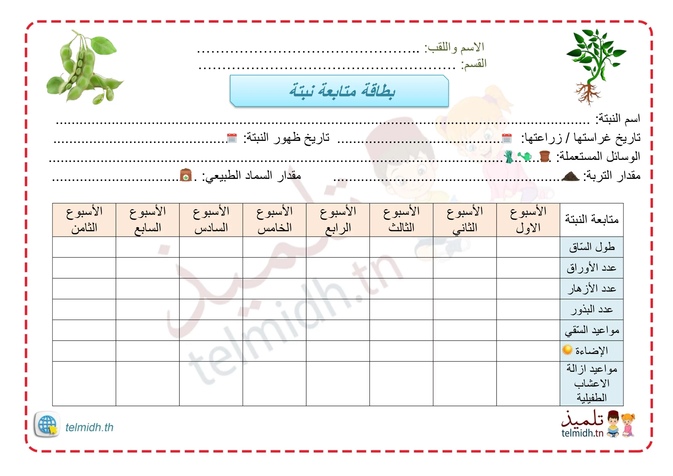 بطاقة متابعة نبتة - Telmidh